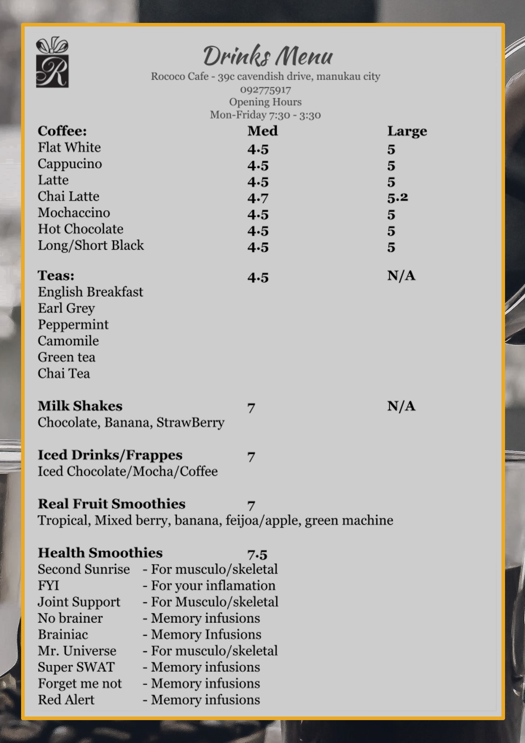 Drinks Menu – Rococo Gifts & Goodies