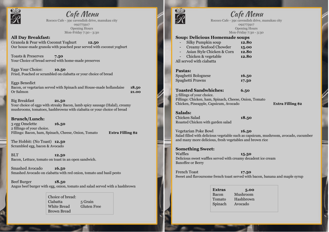 Rococo Café Menu – Rococo Gifts & Goodies